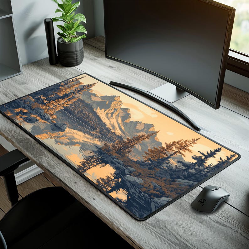 Retro Art Mountain Landscape Desk Mat | Large Mouse Pad With Forest and ...