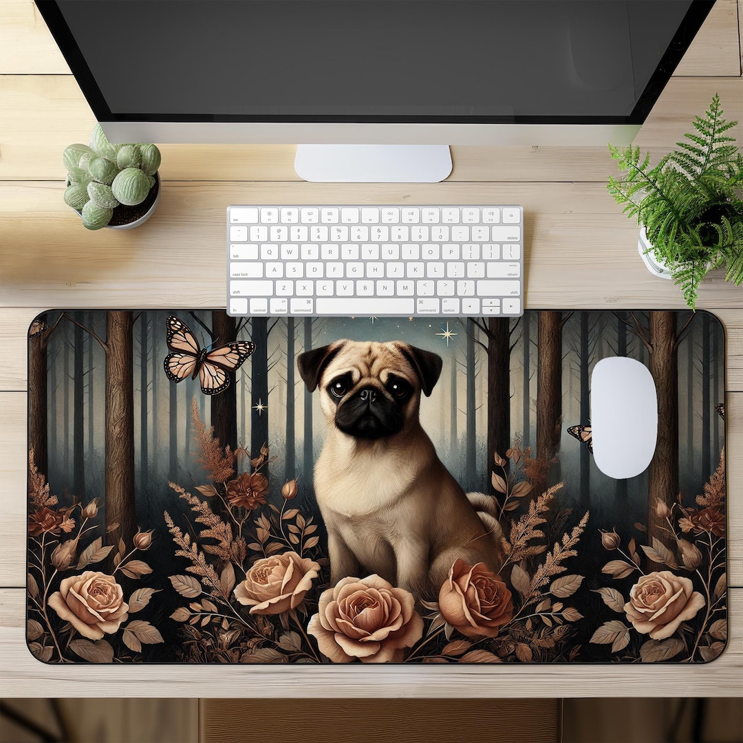 XXL Gaming Mouse Pad With Pug & Roses, Vintage Aesthetic Desk Mat ...