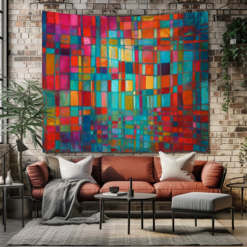 Colorful Abstract Grid Tapestry – Modern Boho Wall Art for Maximalist ...