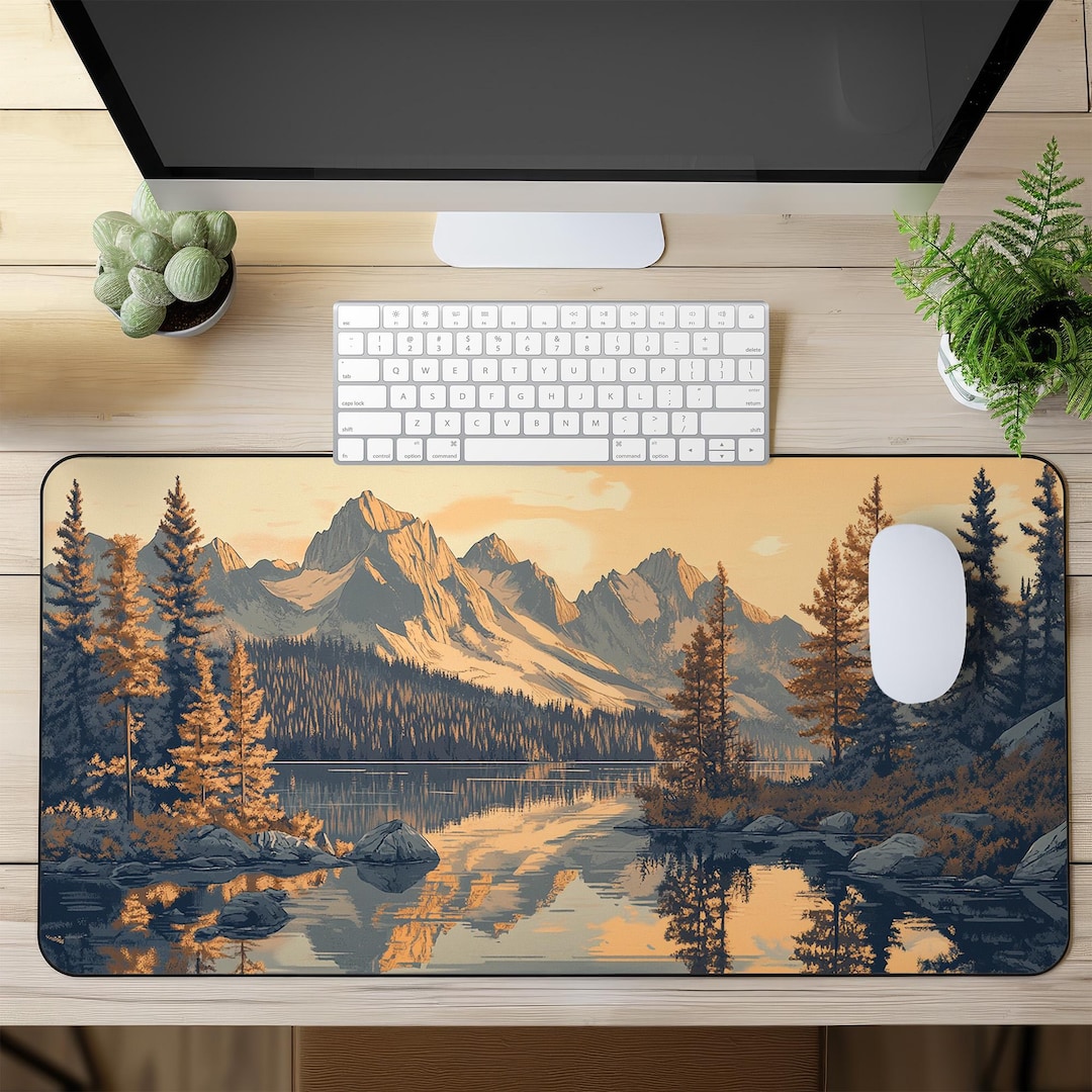 Retro Art Mountain Landscape Desk Mat | Large Mouse Pad With Forest and ...