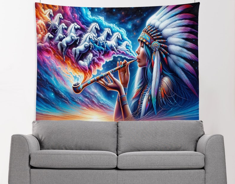 Spiritual Native American Girl Wall Hanging Tapestry, Mystical Horses ...