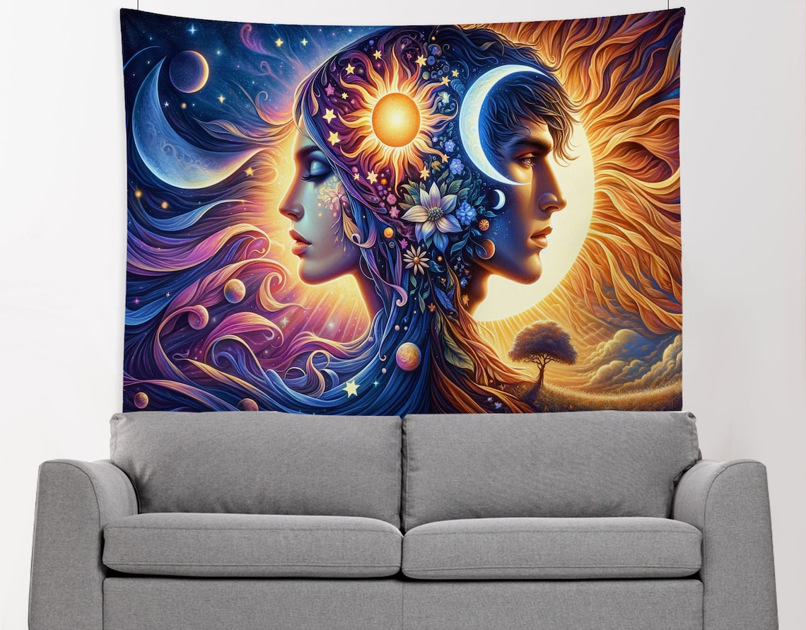 Yin Yang Sun and Moon Wall Hanging Tapestry, Cosmic Balance Art ...