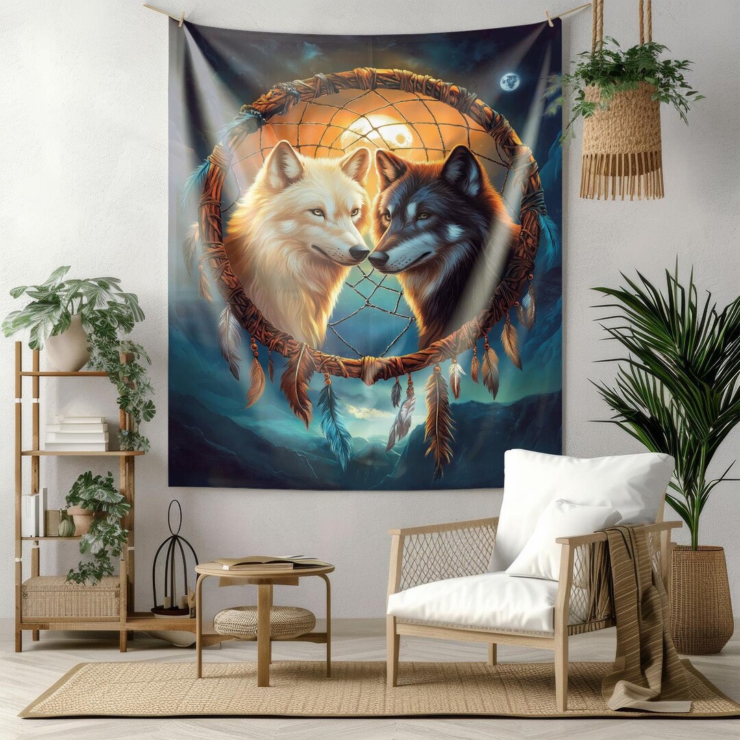 Dreamcatcher Wolf Tapestry Wall Hanging - Spiritual Wolves Art Decor ...