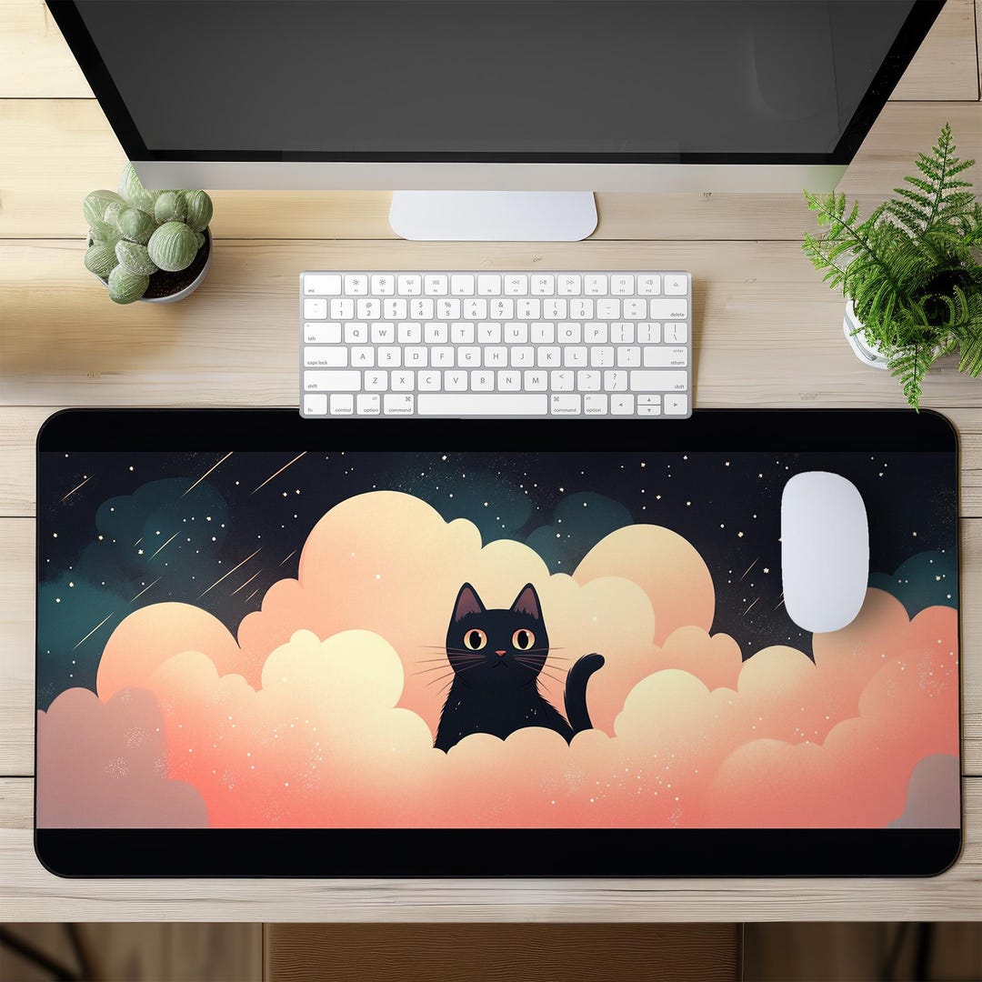 Kawaii Cat Gaming Mouse Pad XXL - Desk Mat With Black Cat on Clouds ...