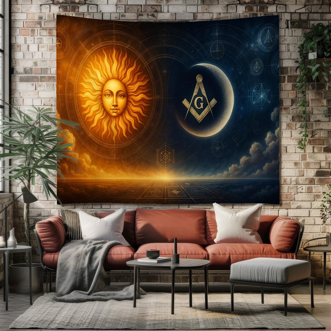Sun and Moon Freemason Tapestry With Masonic Symbol, Esoteric Occult ...