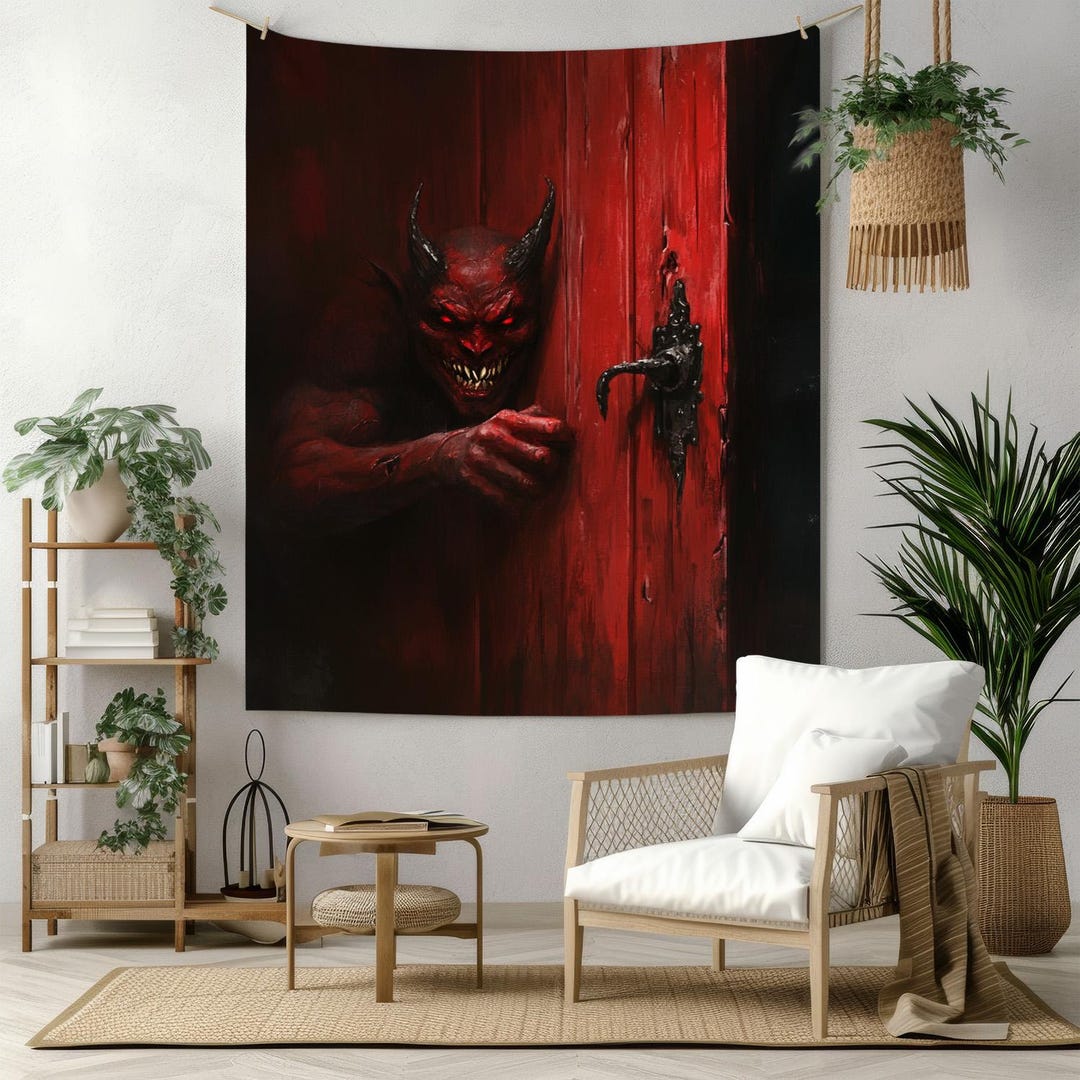 Demon Wall Tapestry, Scary Gothic Horror Art, Red Door Devil Wall ...