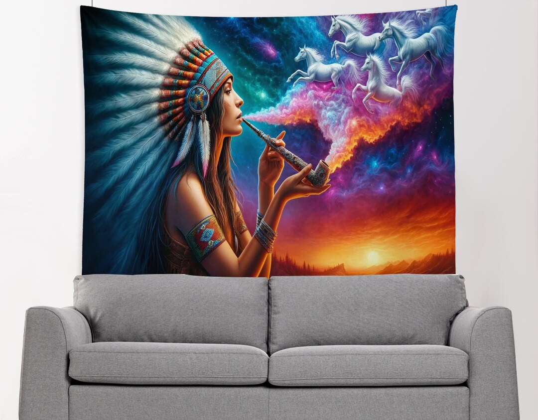 Spiritual Native American Girl Wall Hanging Tapestry, Mystical Horses ...