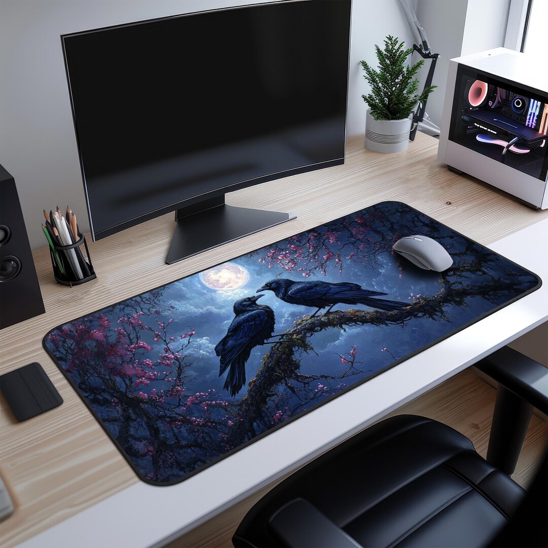 Raven Desk Mat, Large Gothic Mouse Pad, Moonlit Fantasy Gaming Mat ...