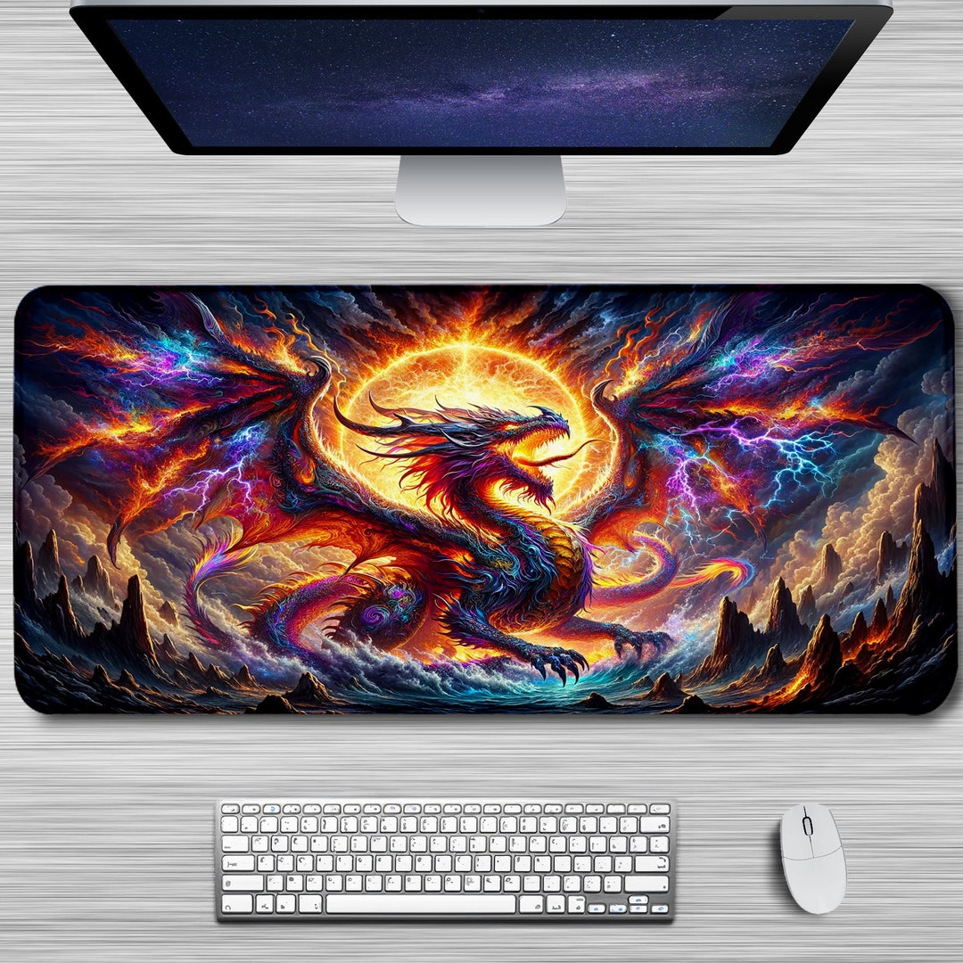 XXL Mouse Pad | Dragon Desk Mat | Fire & Lightning Design | Extended ...