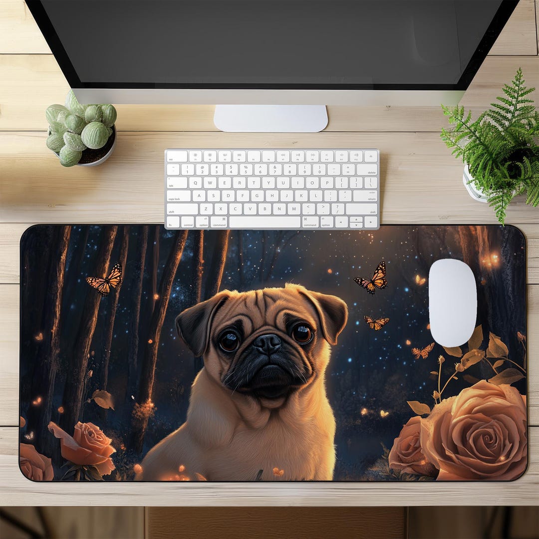 XXL Gaming Mouse Pad With Pug & Roses, Large Extended Desk Mat, Dog ...