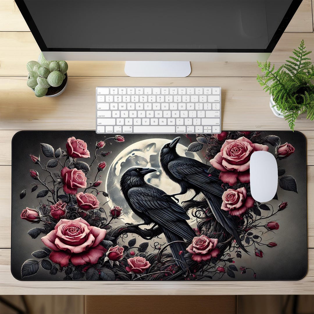 Raven and Roses Gaming Desk Mat XXL, Large Mouse Pad With Gothic Floral ...