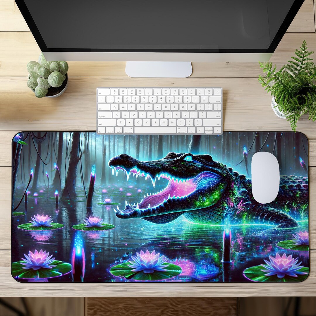 Crocodile Desk Mat, Large Fantasy Swamp Mouse Pad, Neon Alligator ...