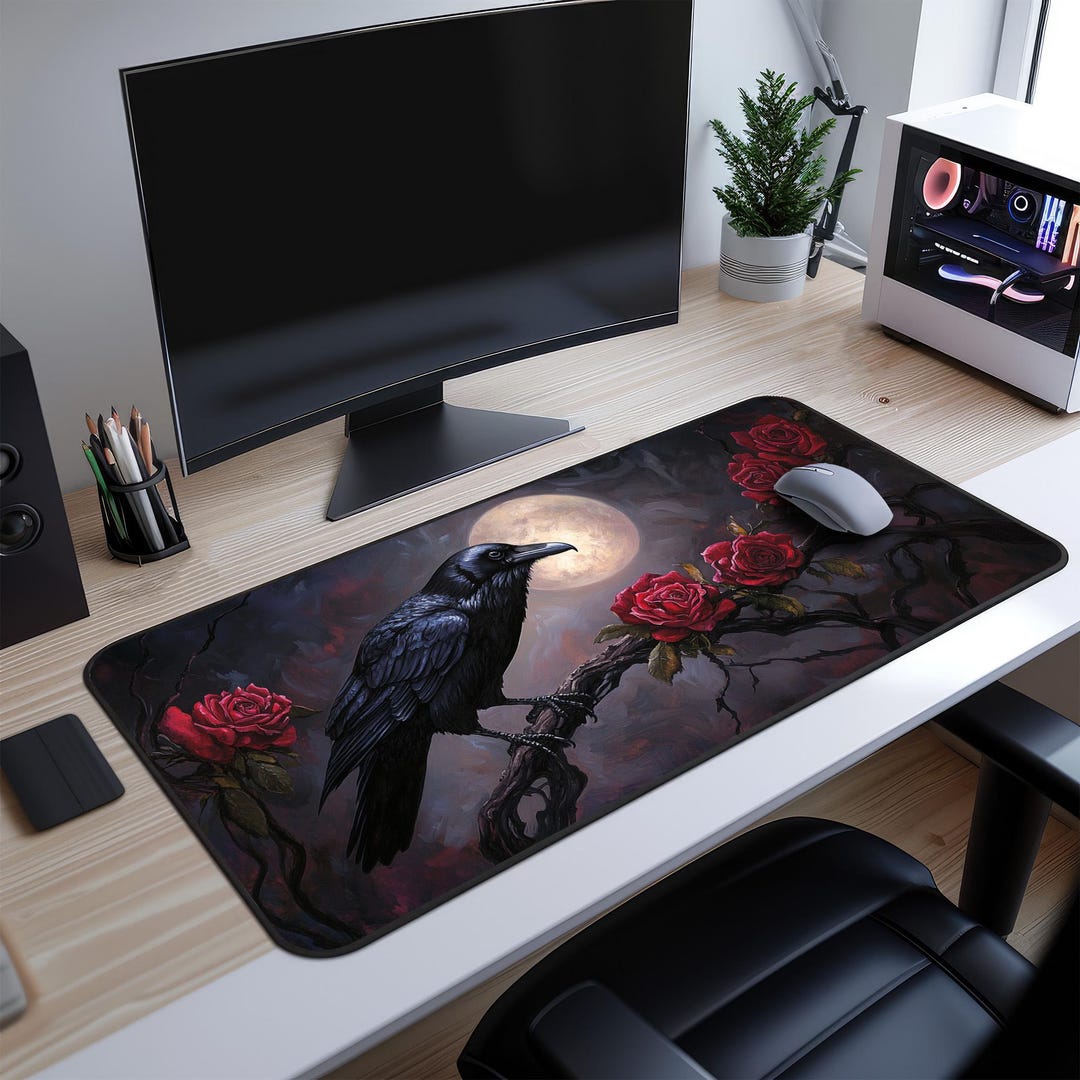 Dark Raven Big Gaming Mouse Pad XXL - Gothic Desk Mat With Non-slip ...