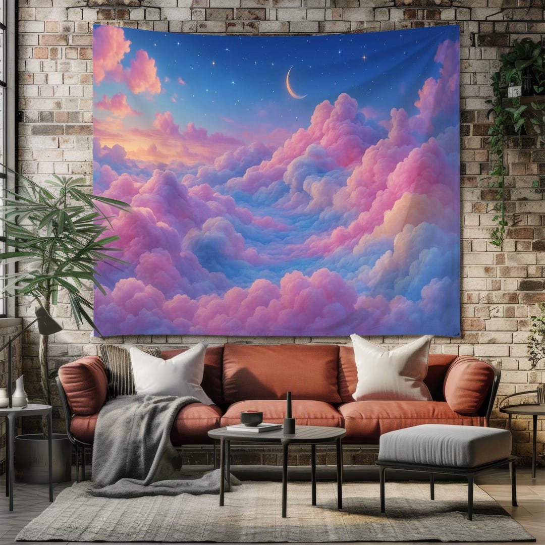 Kawaii Pink Cloud Tapestry – Crescent Moon & Starry Sky Wall Art ...