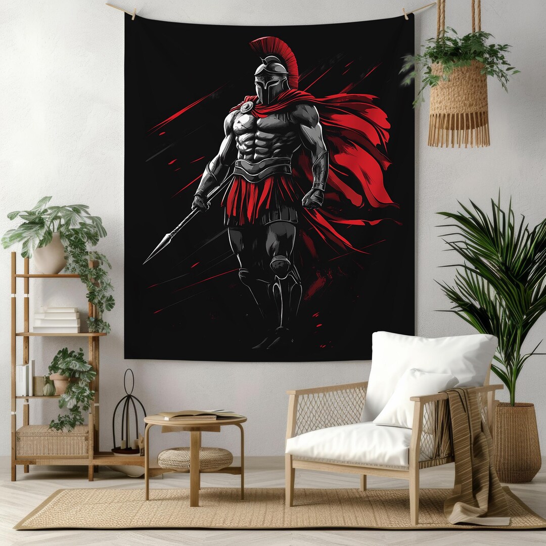 Spartan Warrior Tapestry, Gladiator Wall Hanging, Red and Black ...