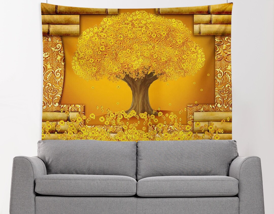 Golden Money Tree Wall Hanging Tapestry Wealth Symbol Art Tapestries ...