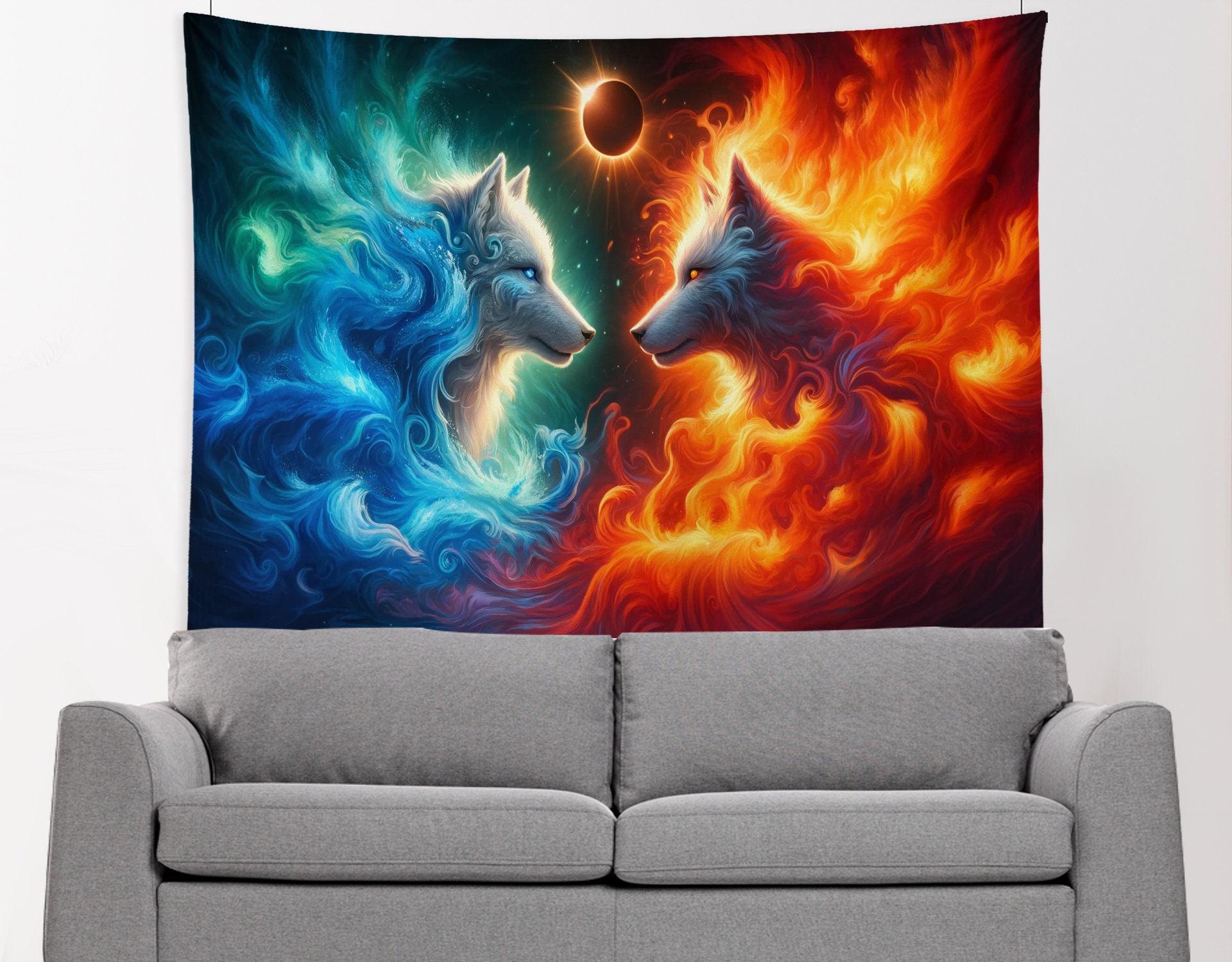Fire and Ice Wolf Wall Hanging Tapestry, Vibrant Animal Art Tapestries ...
