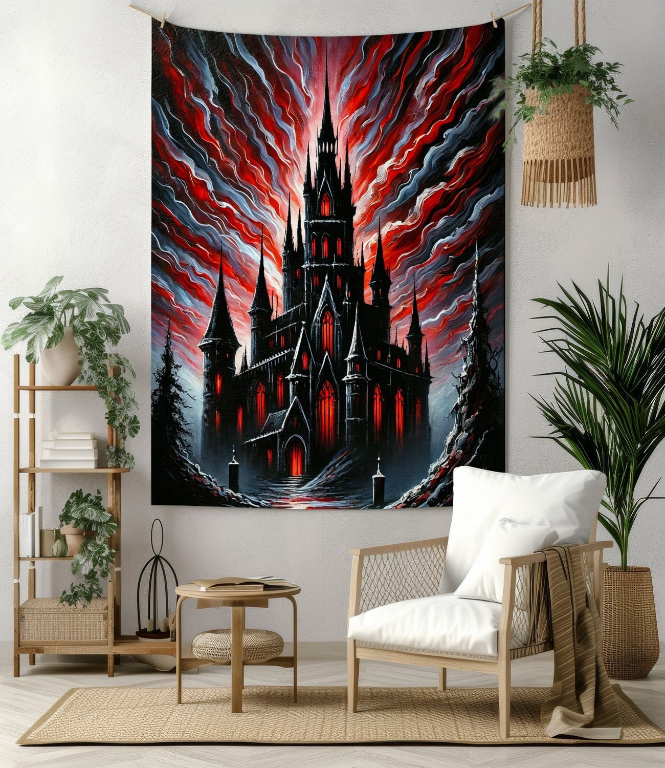 Gothic Dracula Castle Tapestry - Vampire Wall Hanging Art - Spooky Dark 