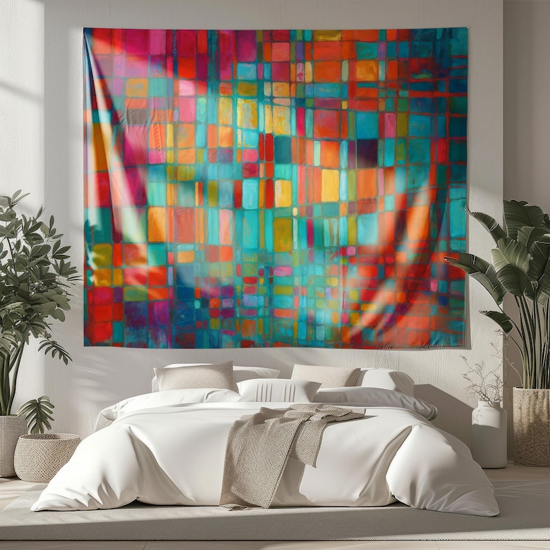 Colorful Abstract Grid Tapestry – Modern Boho Wall Art for Maximalist ...