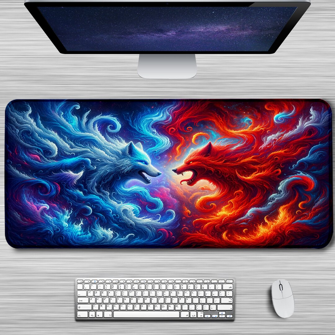 Ice and Fire Wolf Desk Mat, XLL Gaming Mouse Pad, Dual Wolves Battle ...