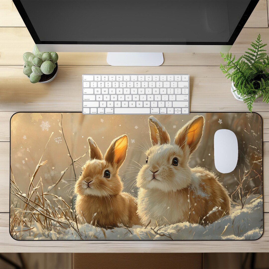 Rabbit Desk Mat, Large Cute Bunny Mouse Pad, Winter Animal Gaming Mat ...