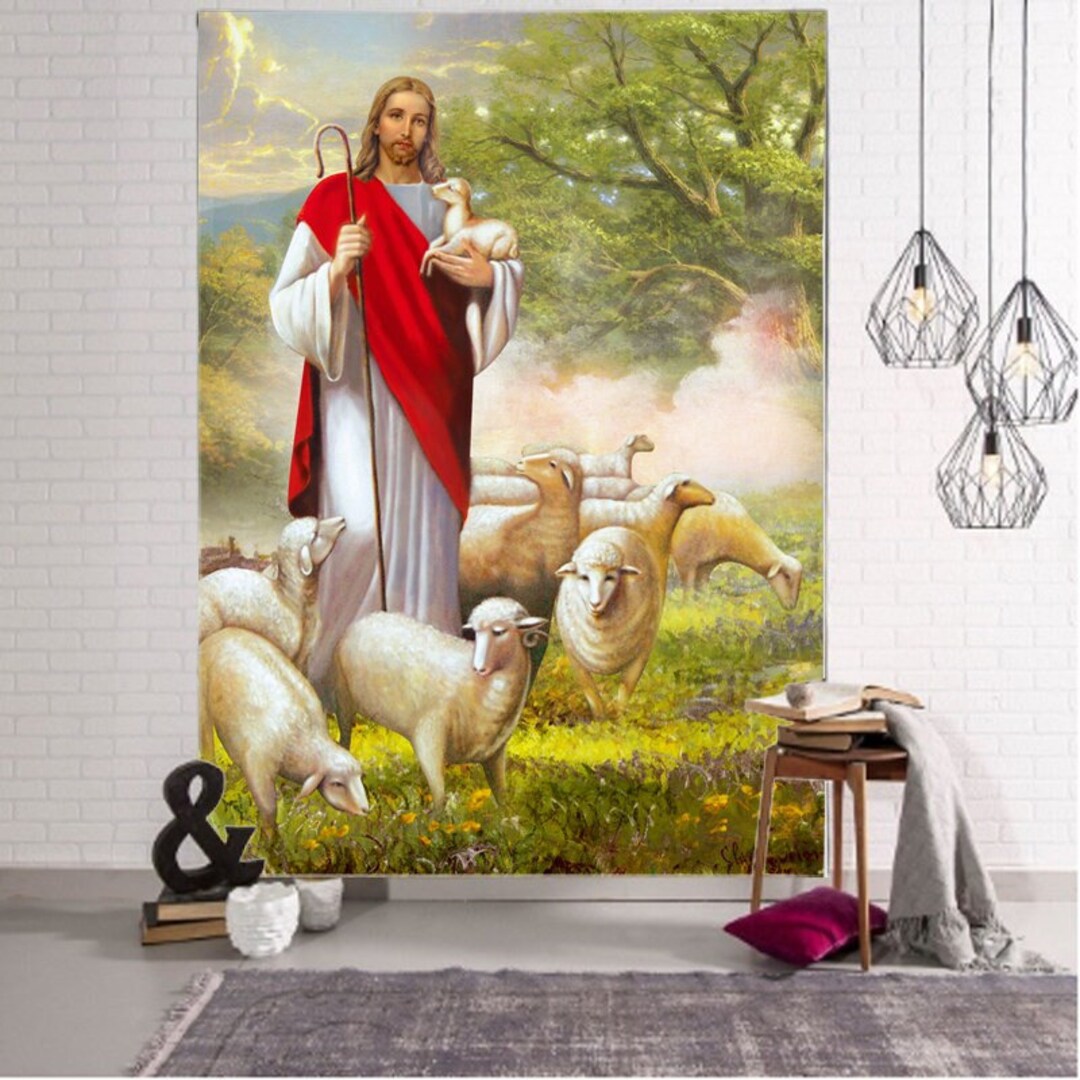 Christ Tapestry Jesus Holding A Flock of Sheep Religious Art Christian Wall Decor Hanging ...