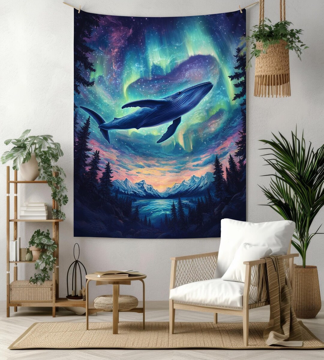 Northern Lights Whale Wall Hanging Tapestry, Mystical Animal Tapestries ...