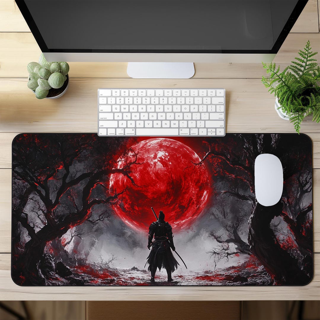 Samurai Gaming Mouse Pad, XL Desk Mat With Red Moon Warrior, Dark ...