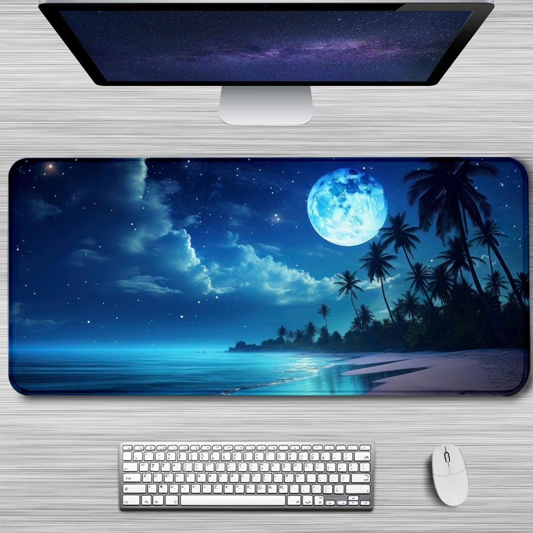 Desk Mat Tropical Beach Night Desk Pad Full Moon Starry Sky, Ocean ...