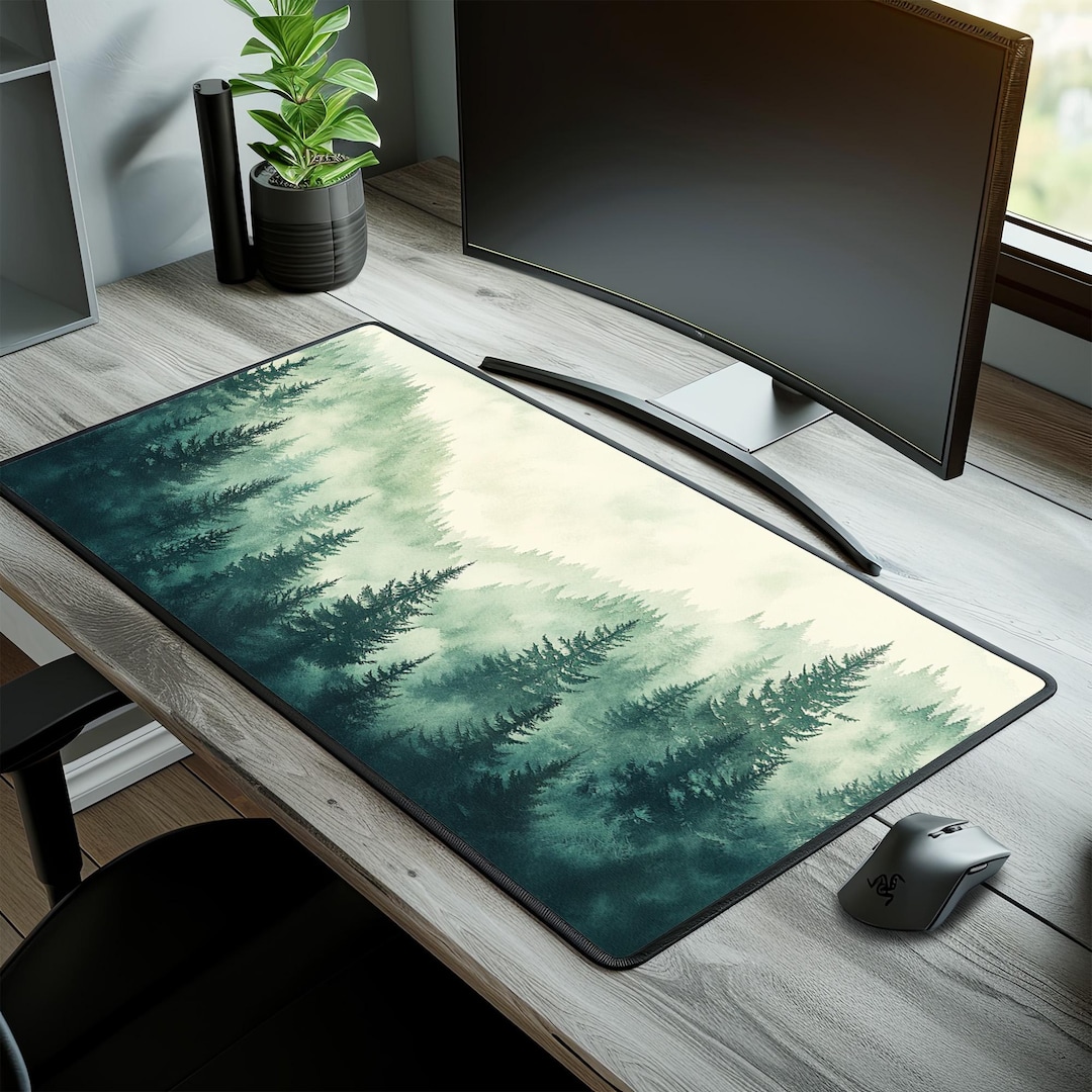 Foggy Forest Desk Mat, Aesthetic Pine Tree Mouse Pad, Large Gaming Desk ...