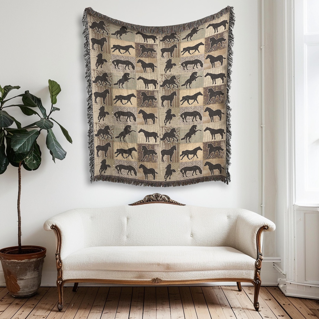 Boho Horse Neutral Woven Blanket, Retro Equestrian Farmhouse Decor ...