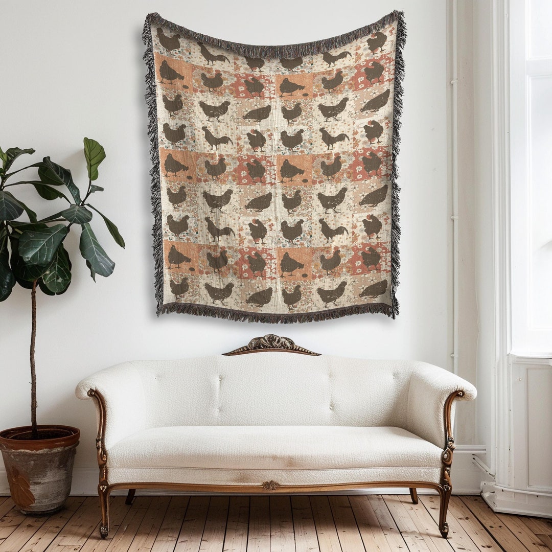 Boho Chicken Woven Blanket, Retro Farmhouse Floral Backyard Garden ...