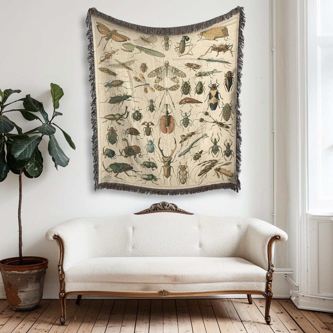 Vintage Beetle Insects Woven Blanket, Bugs Moths Cottagecore Tapestry ...