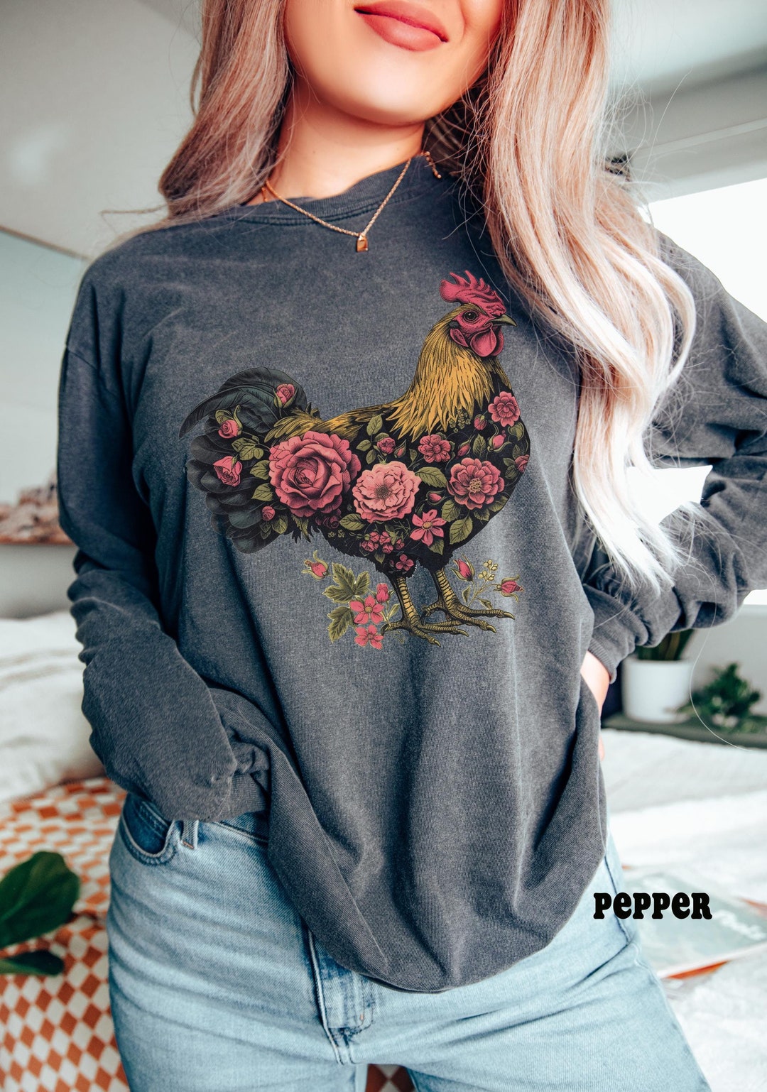 Boho Chickens Long Sleeve Shirt, Comfort Colors®, Retro Farmhouse ...