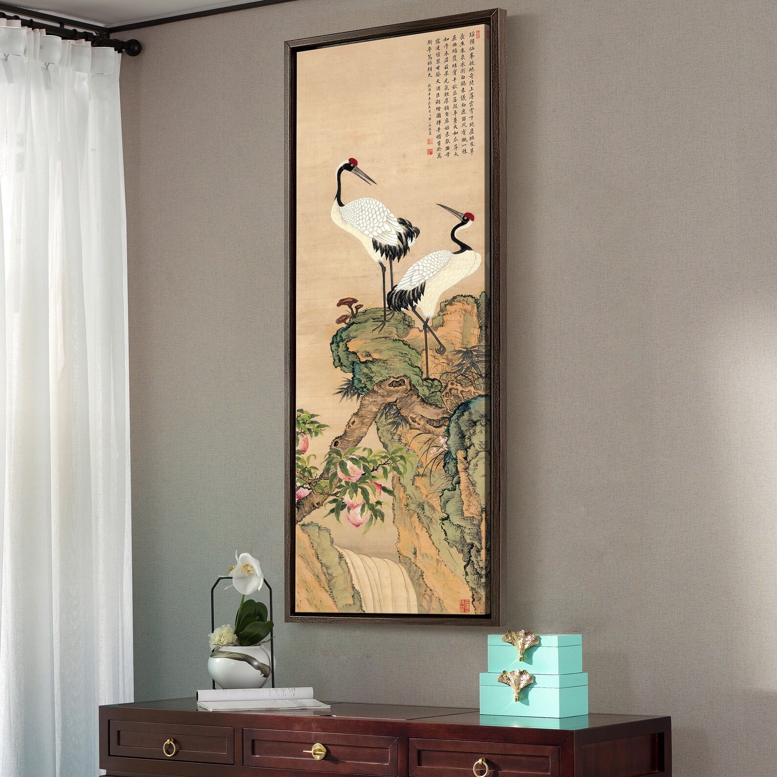 Zou Yigui,peach Trees and Cranes,asian Decor Canvas Artwork,vertical ...