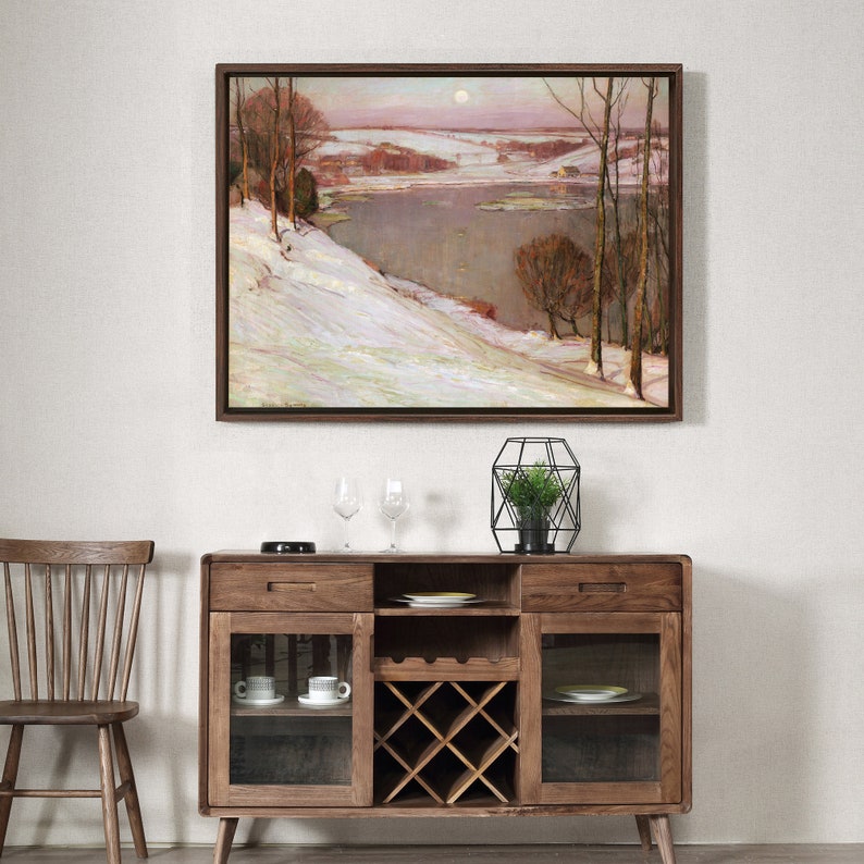 George Symons,the Sun's Glow and Rising Moon,lake Scenery in Winter ...