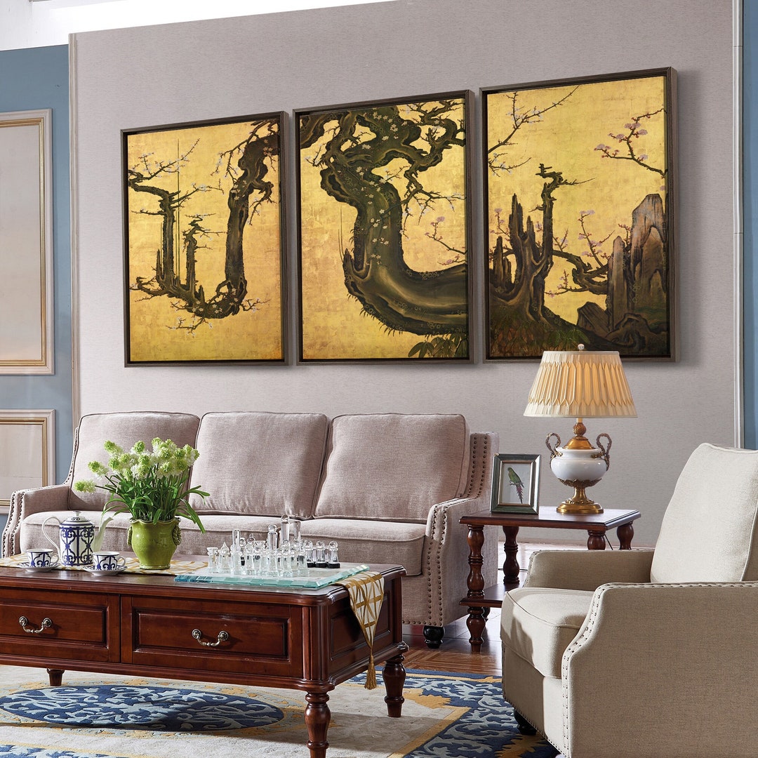 Kano Sansetsu,old Plum,japanese Plum Blossom Art,asian Art,japanese Art,set of 3 Wall Art,set of ...