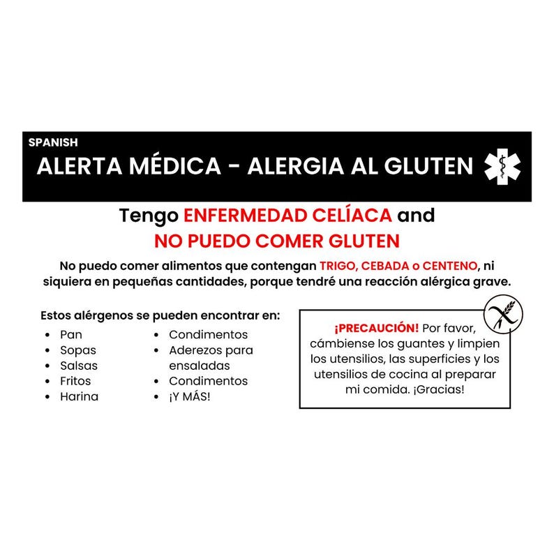 Celiac Disease Medical ID Card | Bilingual Spanish & English | Instant ...