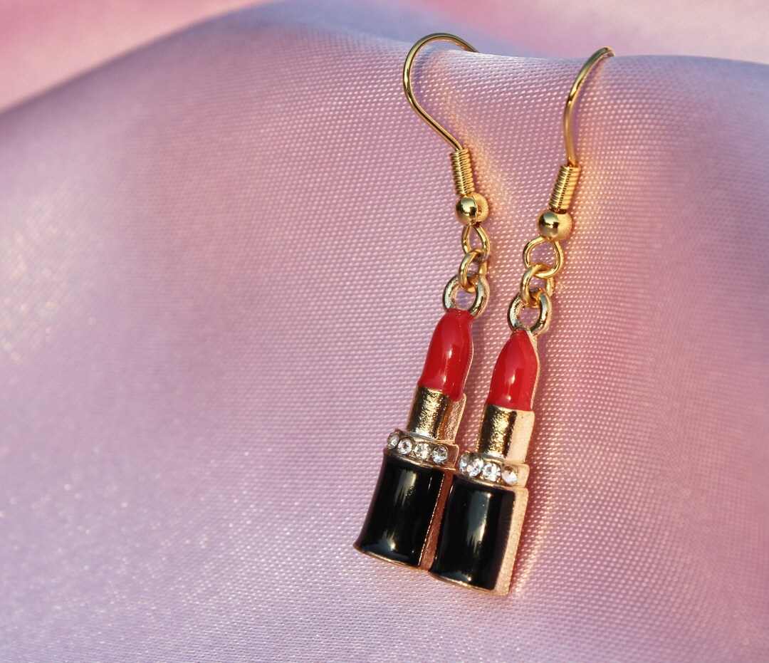 Red Lipstick Earrings, Stainless Steel Hooks, Dainty Miniature, Cute ...