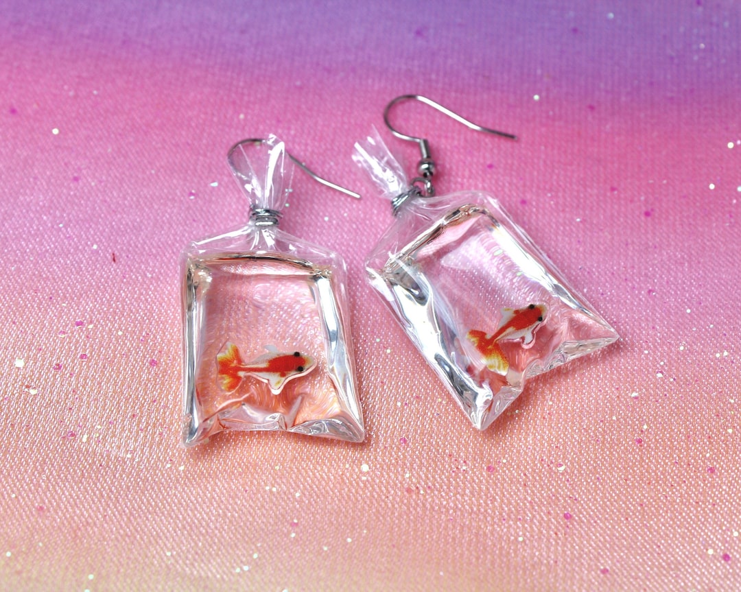 Goldfish in a Bag Earrings, Steel Hooks, Gold Fish, Freshwater Carp ...