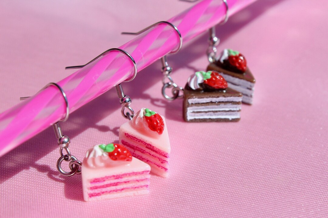 Strawberry or Chocolate Cake Slice Earrings, Steel Hooks, Fruit Dessert ...