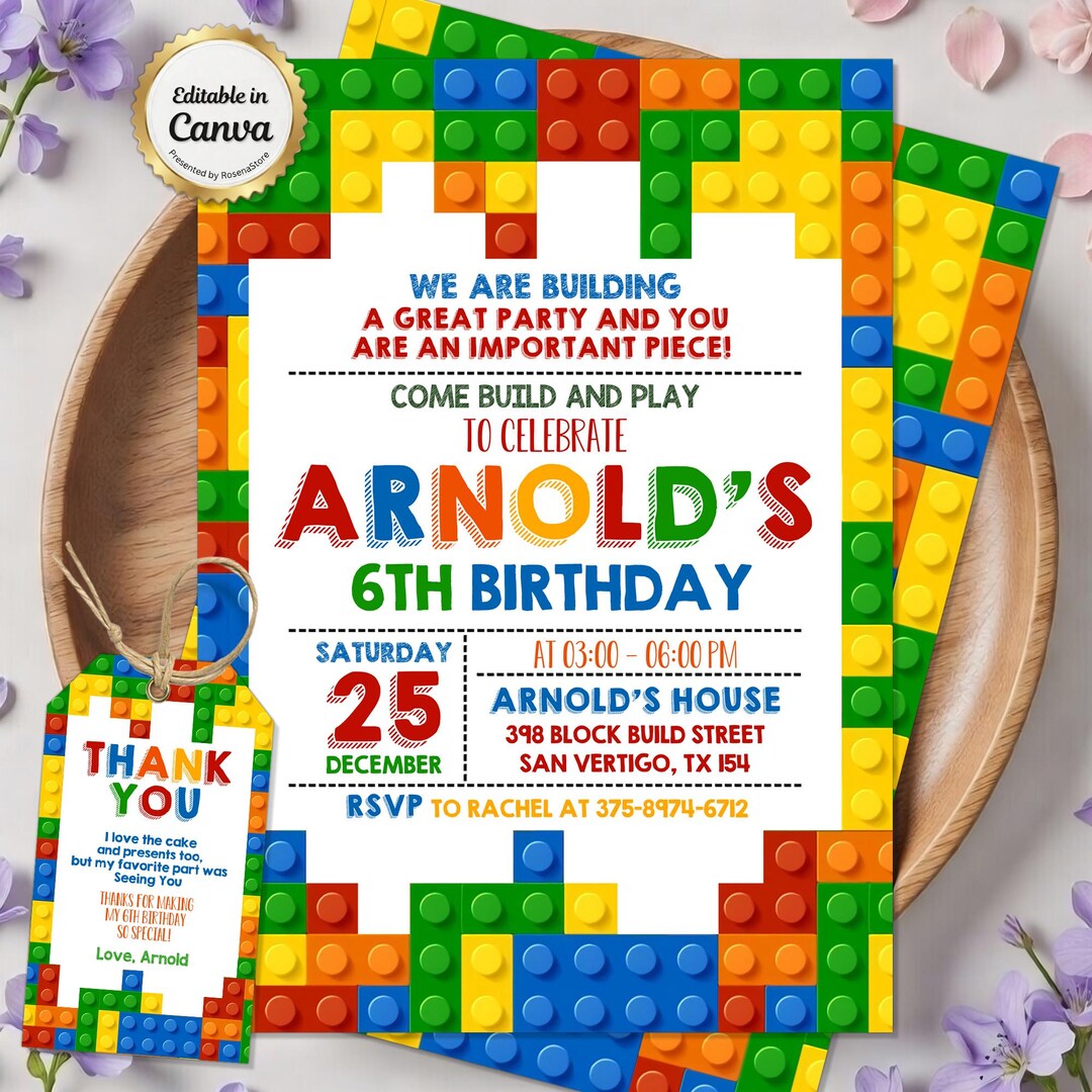 Building Blocks Birthday Invitation, Bricks Party Invite, Master ...