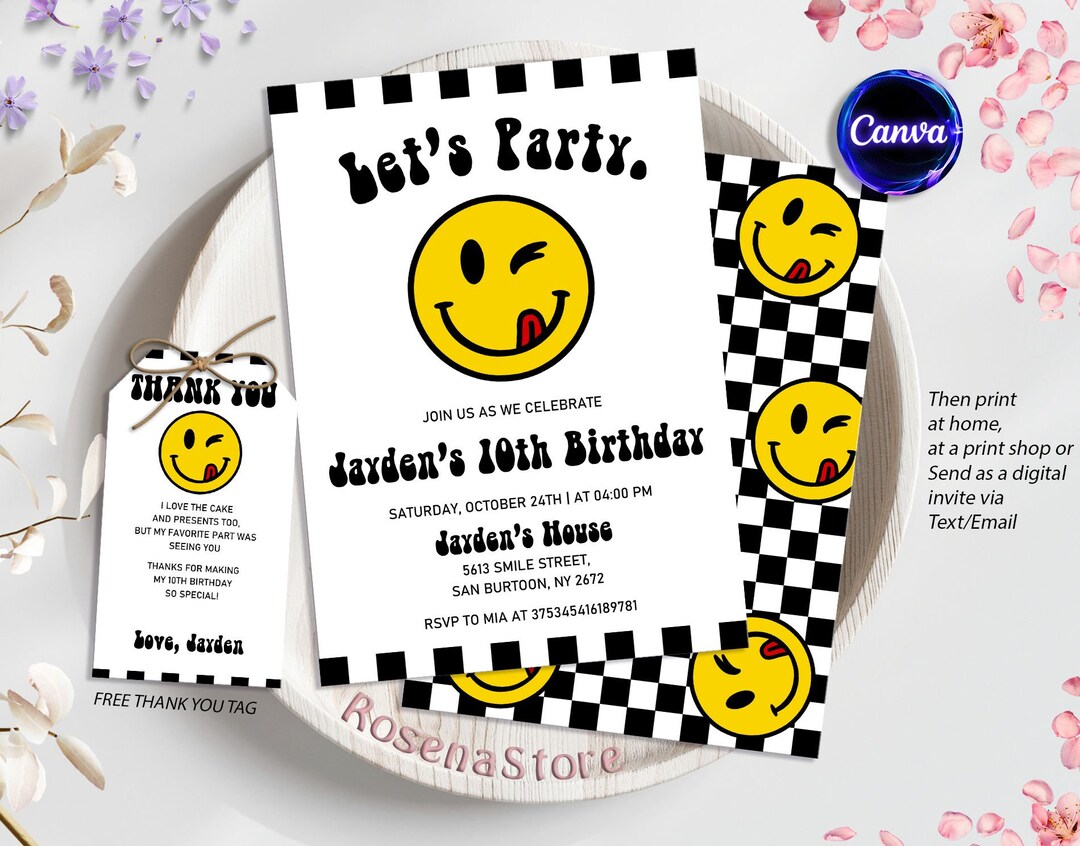 Editable Birthday Party Invitation, Smile Face Party Birthday Invite ...