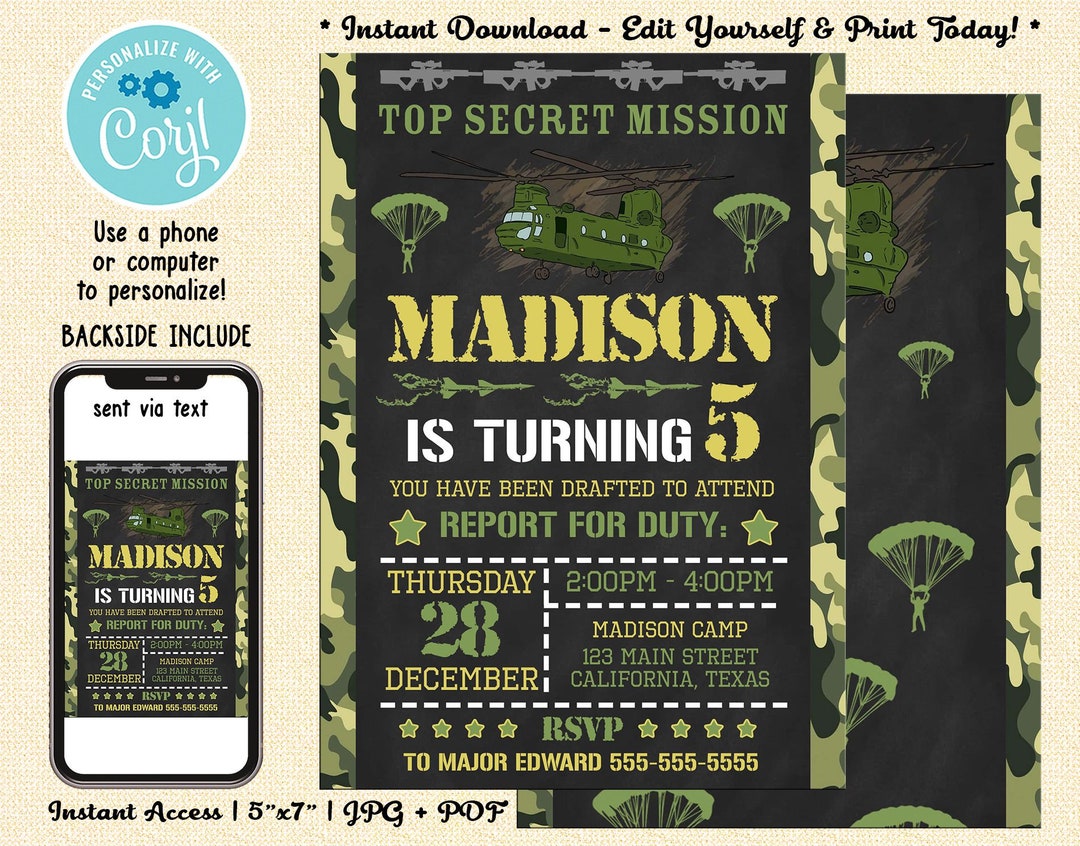 Editable Army Birthday Invitation, Army Invitation, Camo Invitation ...