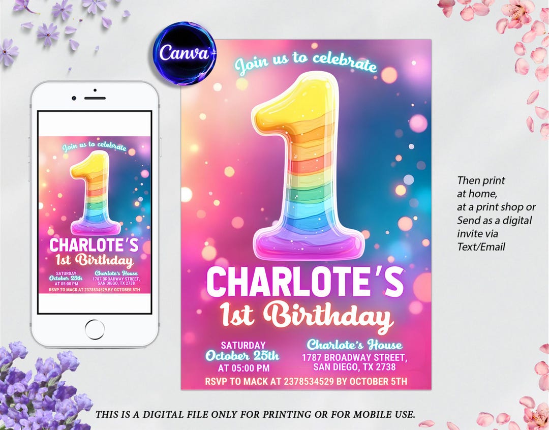 Editable Rainbow Number Invitation, Pink 1st Birthday Invitation ...