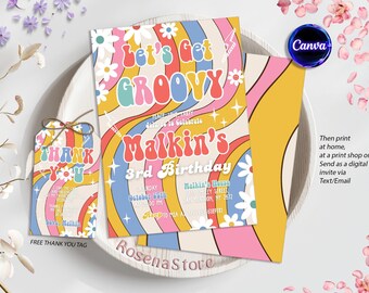 Editable Let's Get Groovy Invite Daisy Chip Bag Rainbow Groovy Birthday ...