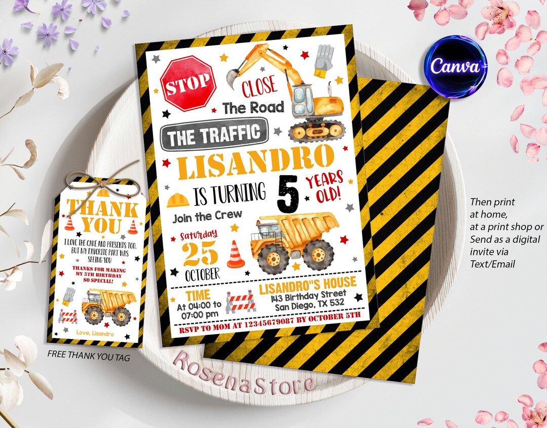 Editable Construction Birthday Party Invitation Template, Construction ...