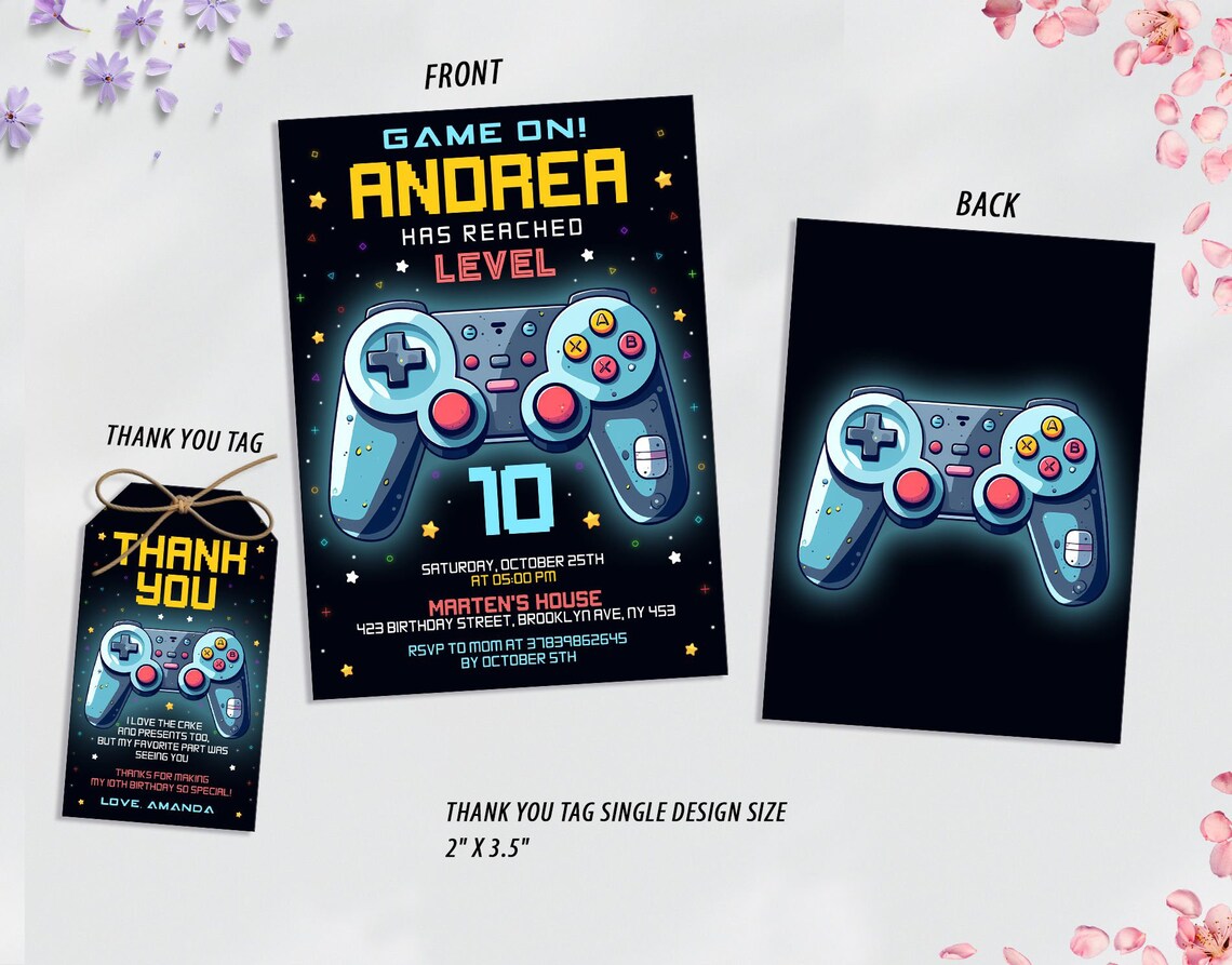 Editable Neon Game on Level up Gaming Birthday Party Invitation, Video ...