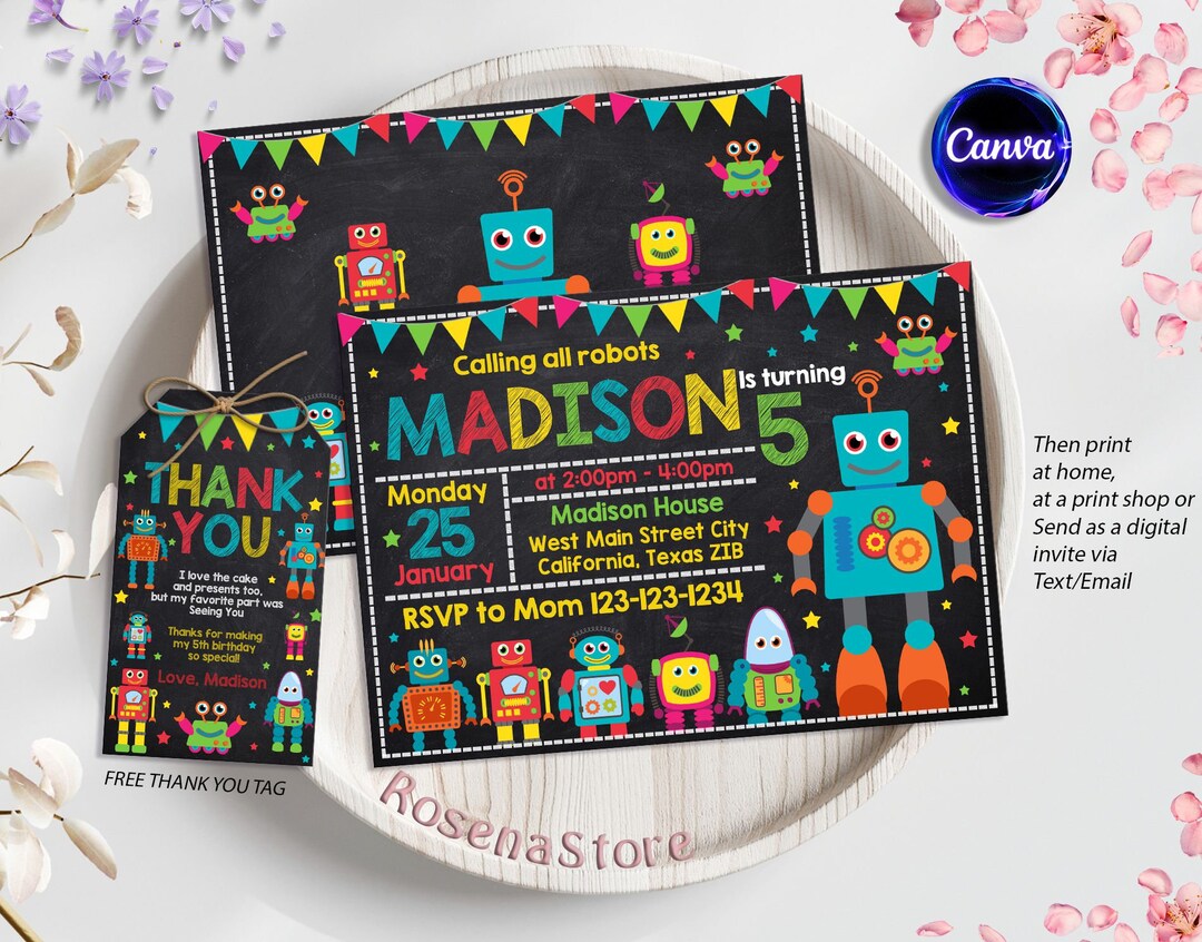 Editable Robot Invitation, Robot Birthday Invitation, Robot Birthday ...