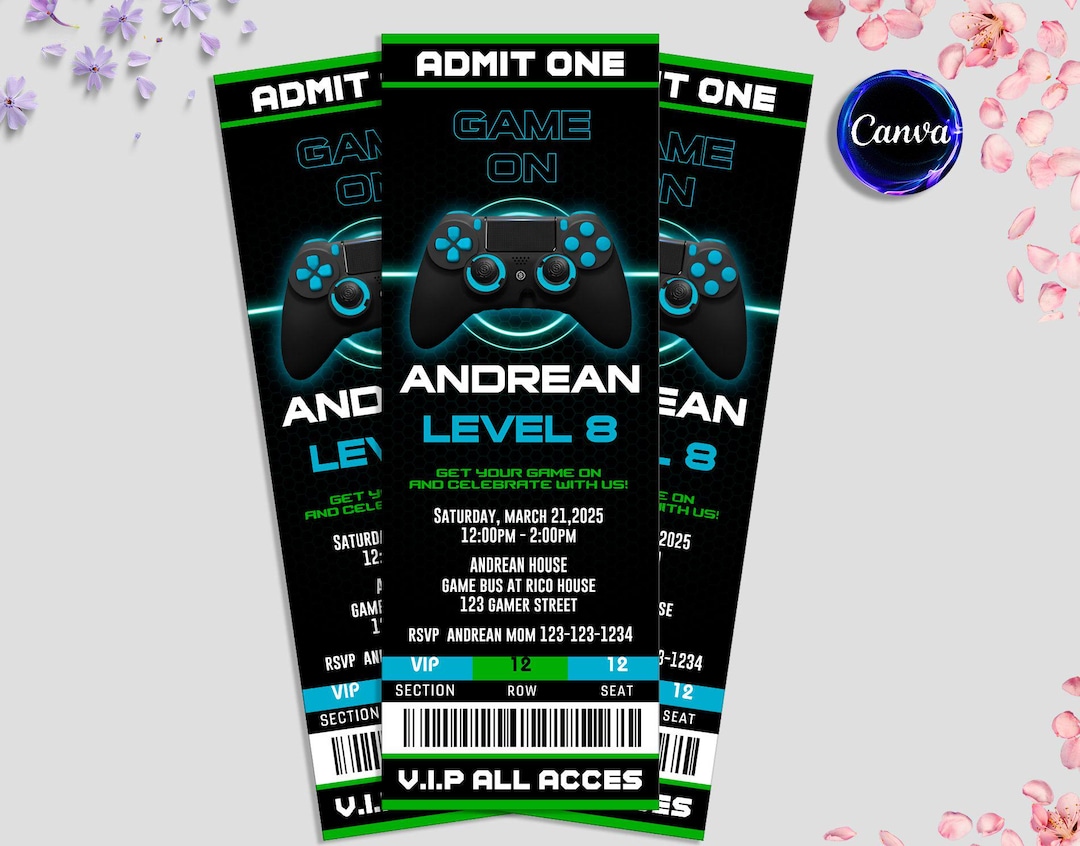 Video Game Ticket Invitation, Gamer Birthday Party Invitation, Neon ...